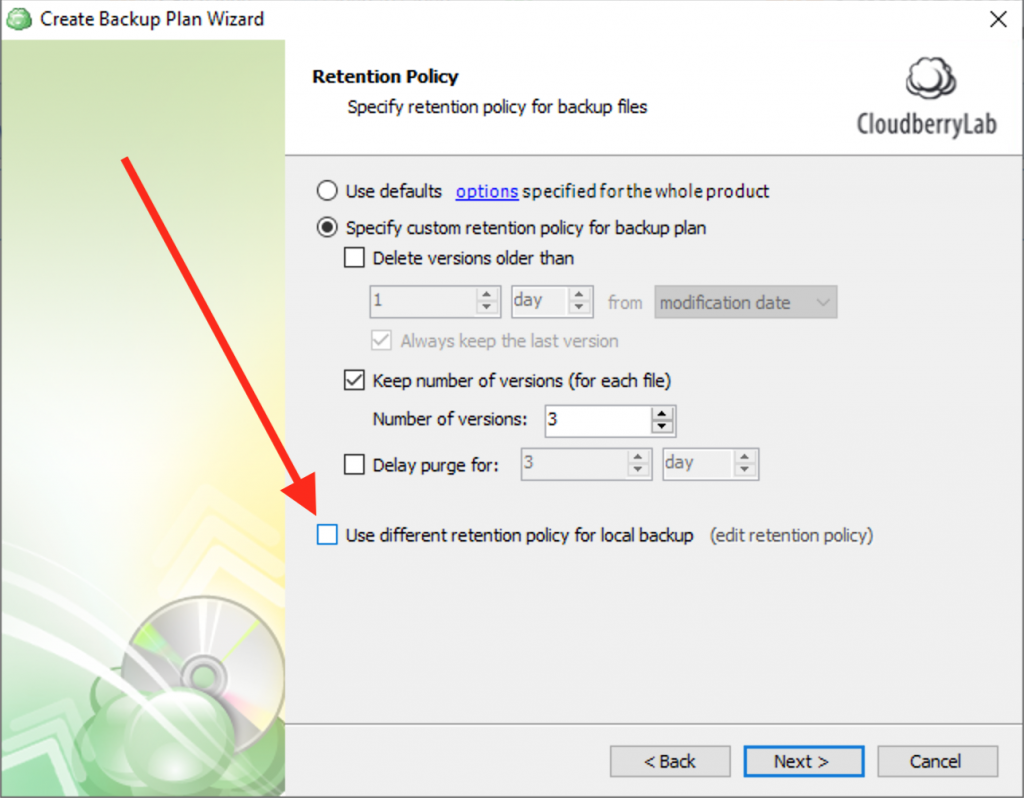 Configuring Specific Retention Policies in Hybrid Backup